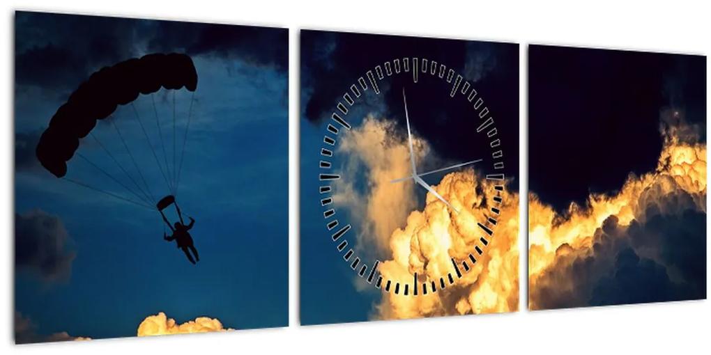 Obraz parašutisty v oblacích (s hodinami) (90x30 cm)