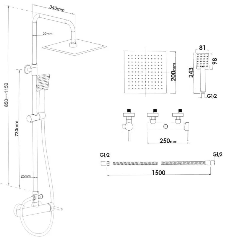 Sprchová souprava FLOW - černá - hlavice 20x20 cm