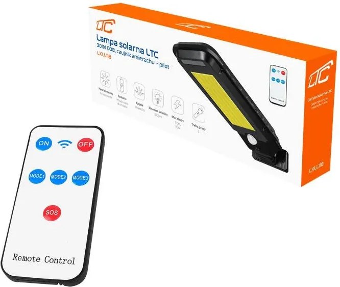 Venkovní solární LED osvětlení LTC LXLL118, 30W COB, 2000lm, 2400mAh, PIR