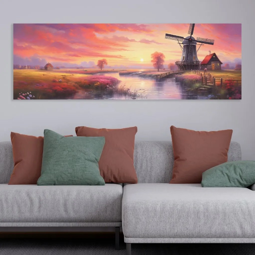 Obraz na plátně - Větrný mlýn při západu slunce FeelHappy.cz Velikost obrazu (šířka x výška): 210 x 70 cm