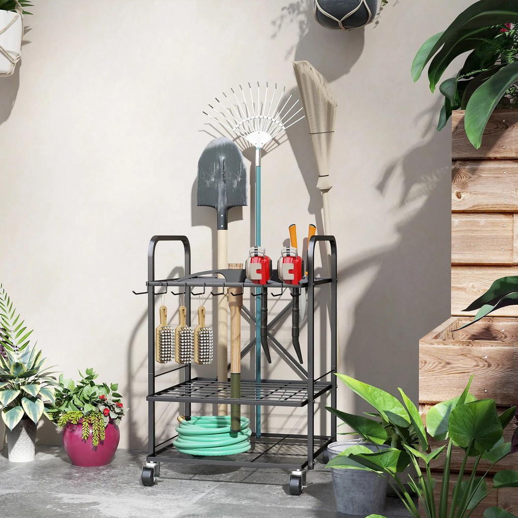 Organizér na zahradní nářadí Outsunny s 9 háčky, držák na 40 nástrojů, kovový regál na kolečkách do garáže pro nůžky, lopaty, hrábě, černý | Aosom