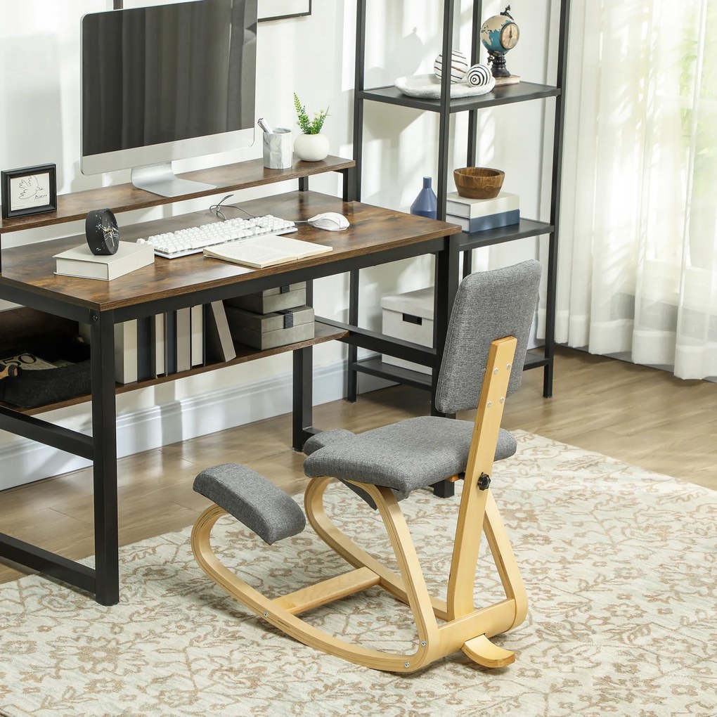 HOMCOM Ergonomická Kolenní Židle s Opěrkou, Houpací Kolenní Sedák, Ergonomická Dřevěná Židle, Ortopedická Kancelářská Židle, Korektor Držení Těla, Úl…