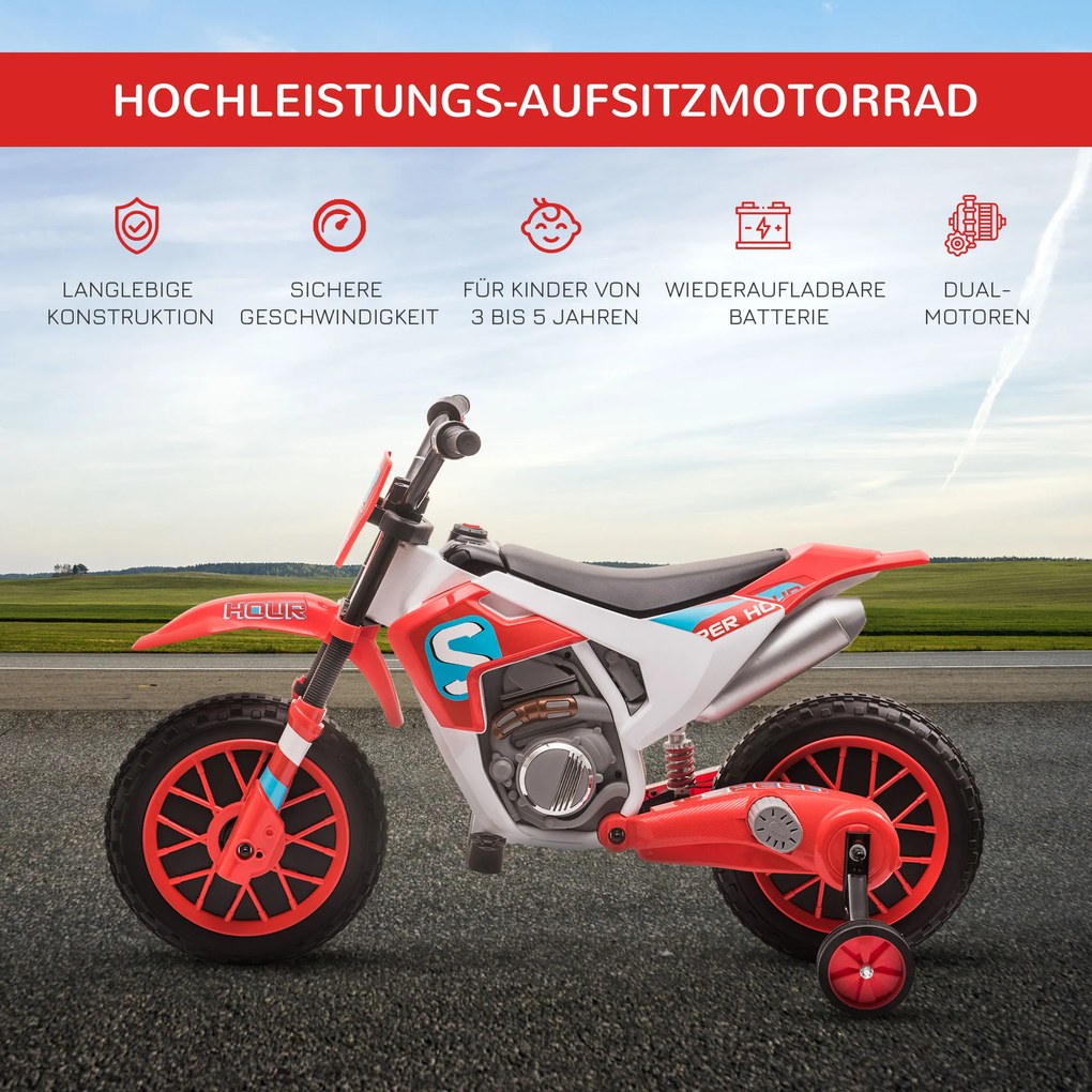 HOMCOM Dětská Elektrická Motorka 12V s 2 Odnímatelnými Stabilizátory pro Děti od 3 Let PP Kovová Červená+Bílá 106,5 x 51,5 x 68 cm