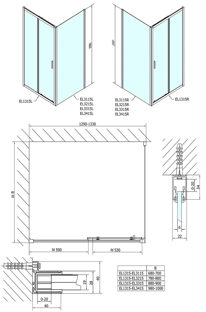 Polysan, Easy Line obdélníková sprchová zástěna 1300x900mm L/P varianta, EL1315EL3315