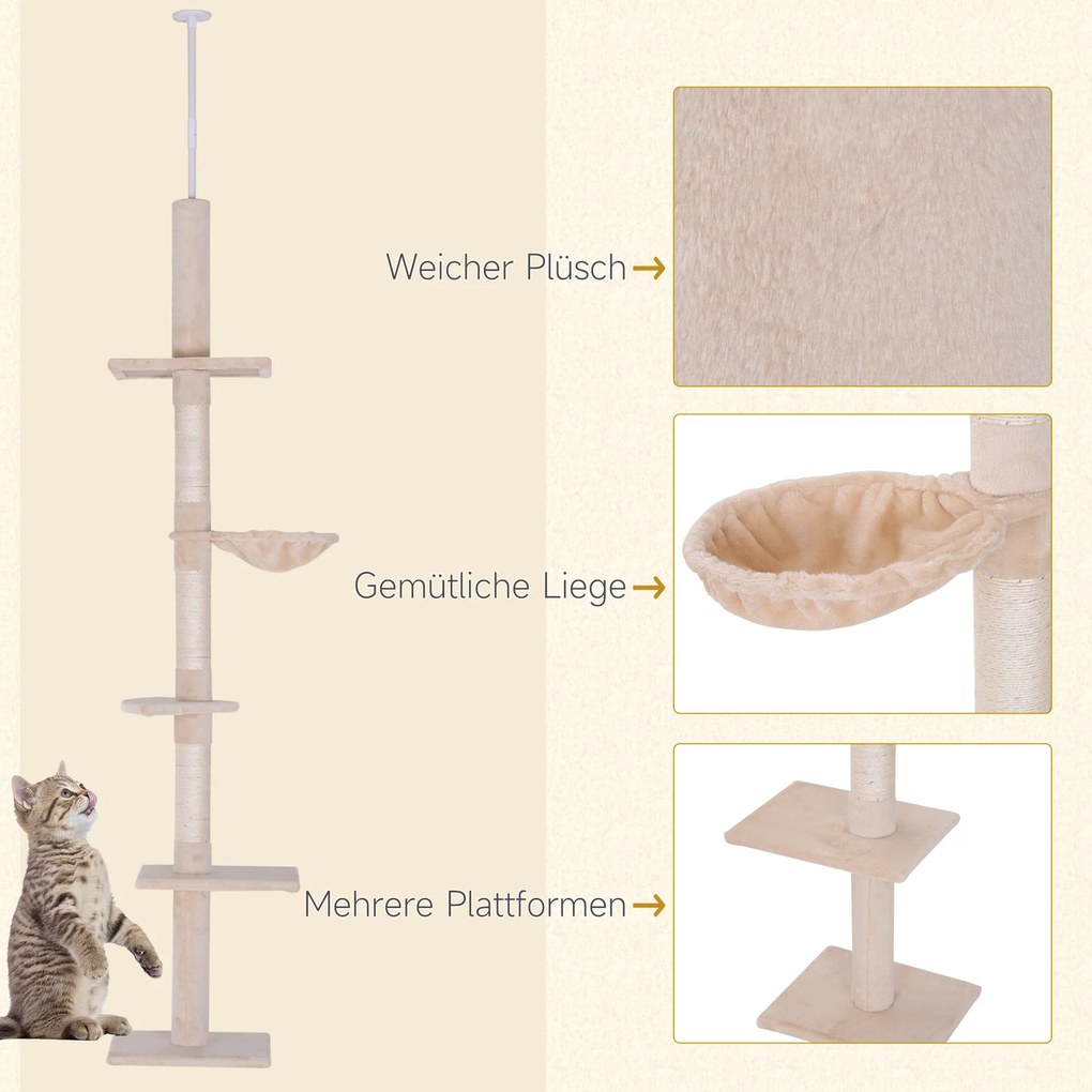 PawHut škrabadlo stropní, H230-260 cm, výškově nastavitelný strom pro kočky, stabilní, béžový| Aosom
