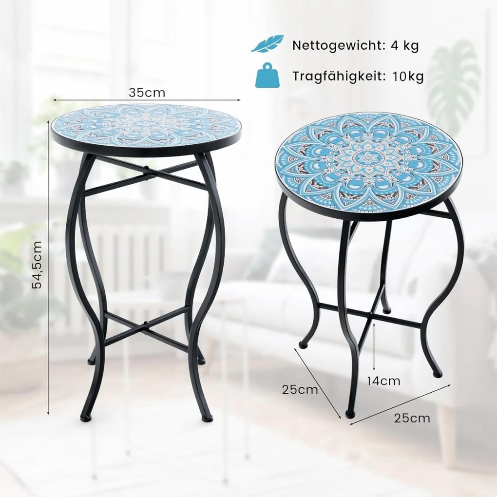 Costway Odkládací stolek kulatý mozaikový bistro modrá a – 35 × 55 cm