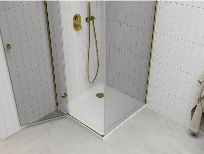 Mexen Roma sprchový kout 90 x 90 cm, 6mm čiré sklo, zlatý profil + sprchová vanička Slim, 854-090-090-50-00-4010