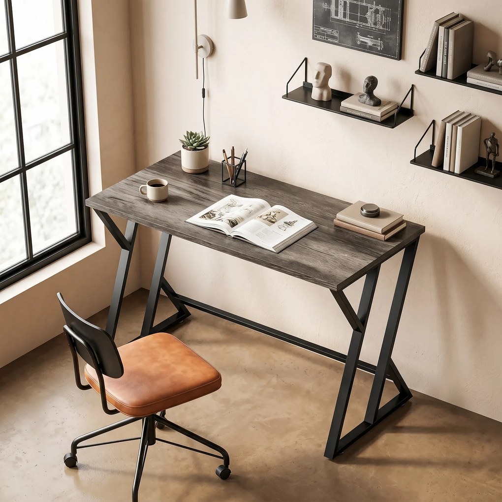 HOMCOM počítačový stůl 120 × 60 cm – industriální Z-rám, patinovaná šedá