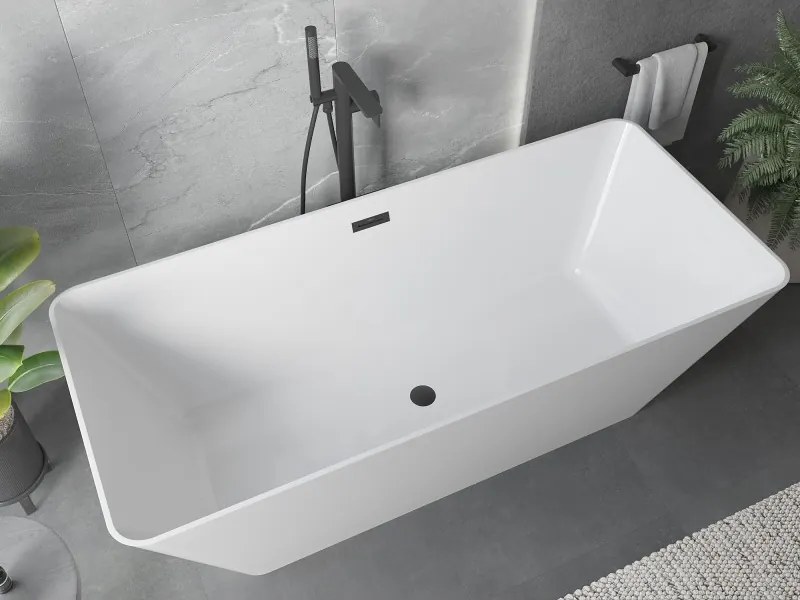 Mexen Velo Slim, volně stojící vana 170 × 75 cm, bílá lesklá, černý přepad, 52811707500-70