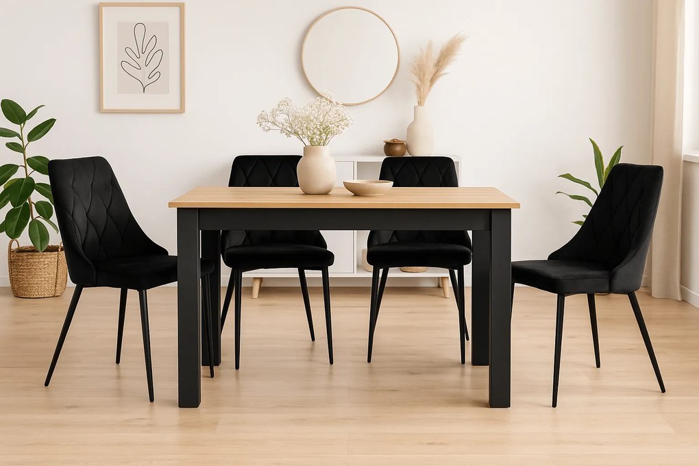 Jídelní set 1+4, černý stůl v dekoru dub zlatý MADO 120x80cm a černá sametová jídelní židle IMOLA