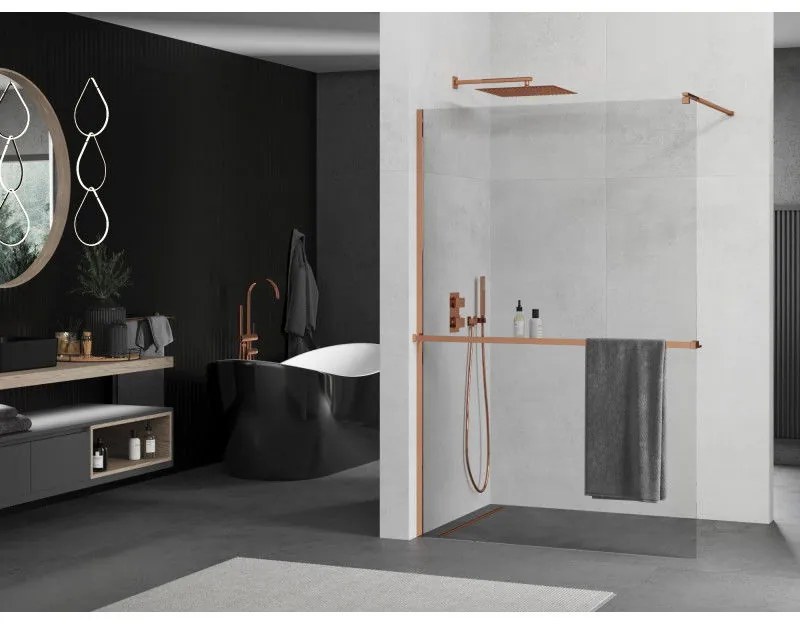 Mexen Kioto, sprchová zástěna Walk-in s poličkou a věšákem 115 x 200 cm, 8mm čiré sklo, profil růžové zlato, 800-115-121-60-00