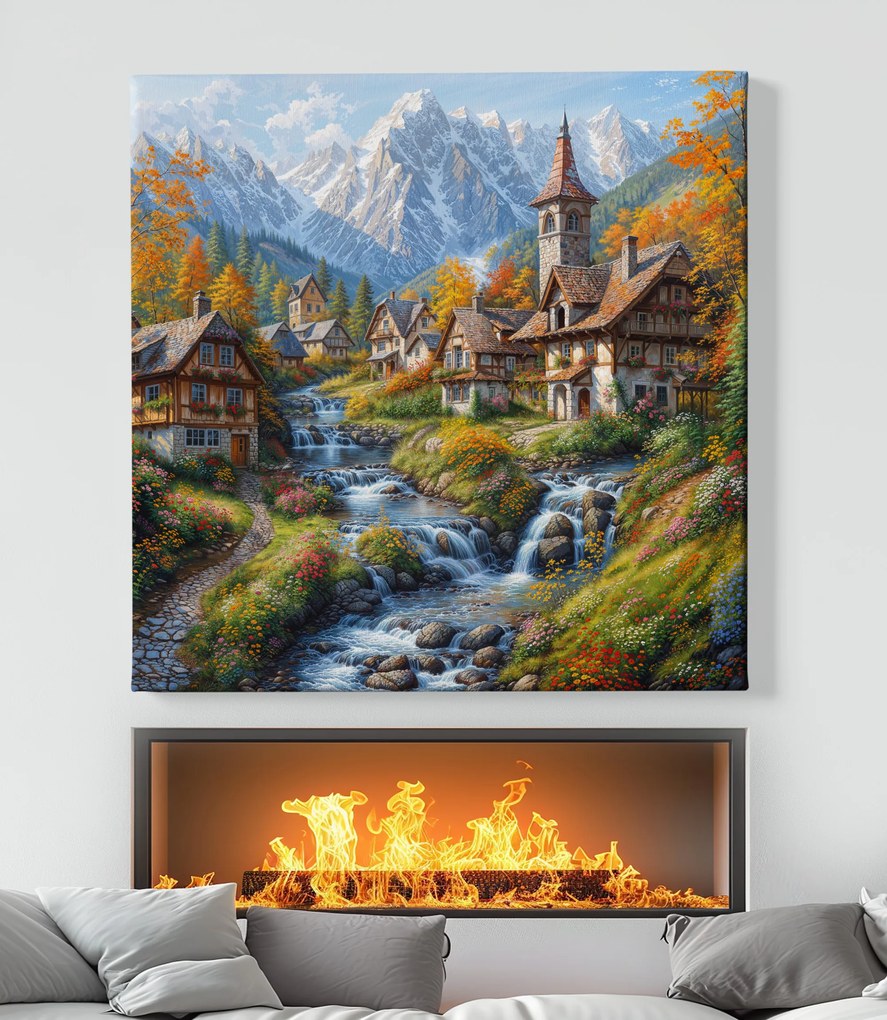 Obraz na plátně - Vesnický kostelík v Dolomitech FeelHappy.cz Velikost obrazu (šířka x výška): 140 x 140 cm
