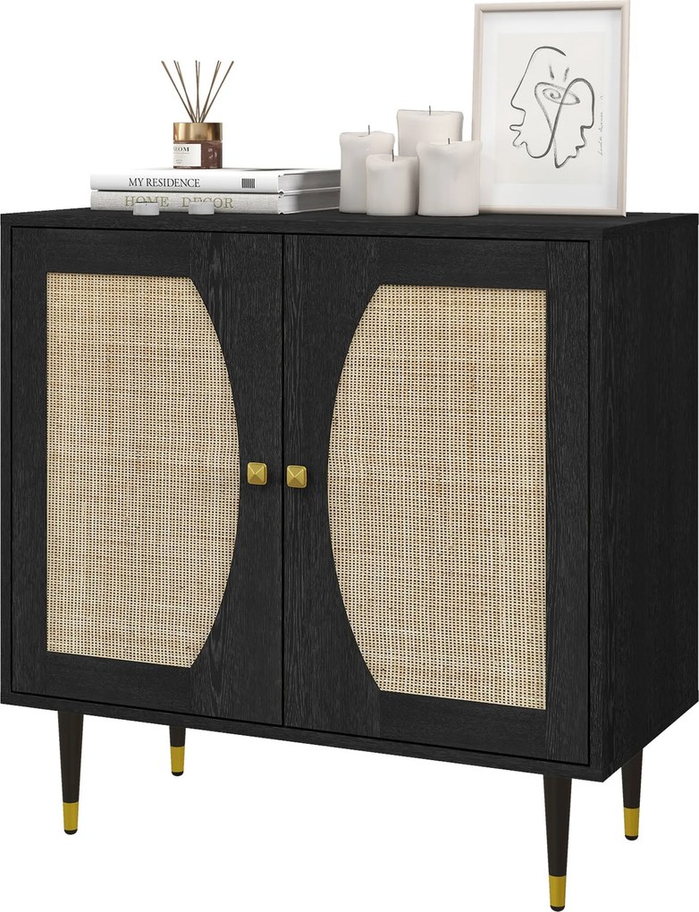 HOMCOM Buffet Skříňka s Dvojitými Dveřmi v Boho Stylu, 2 Úrovně, Ratanový Přední Panel 80 x 38 x 79 cm Černá