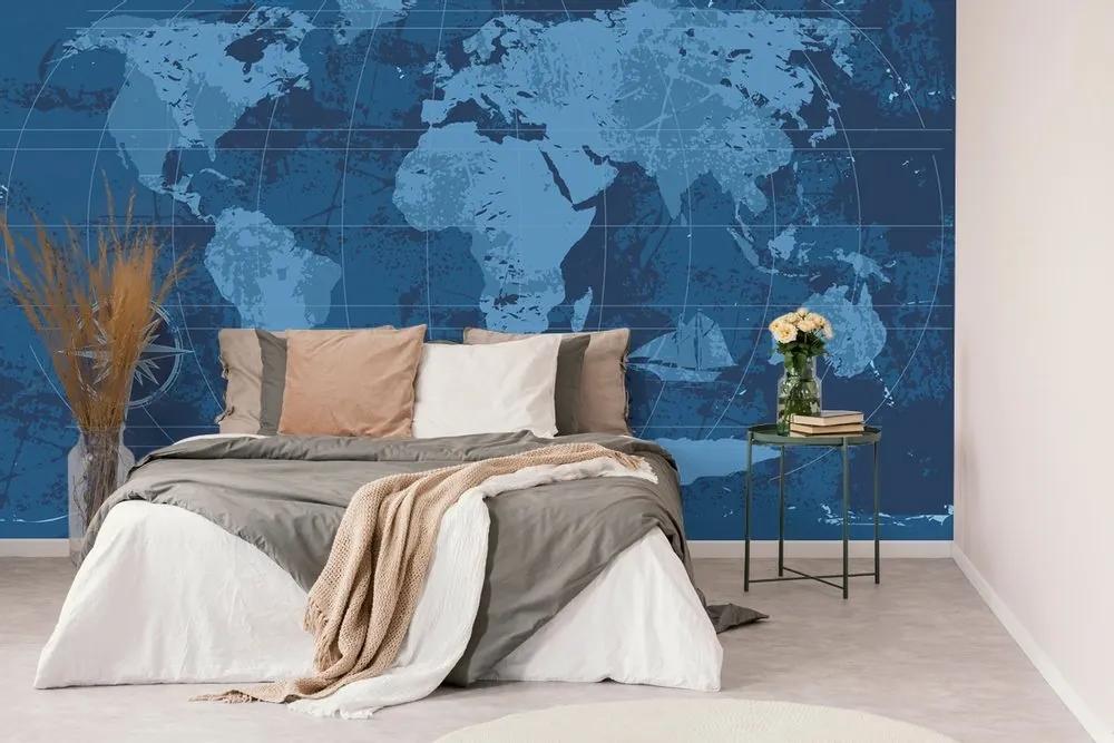 Tapeta rustikální mapa světa v modré barvě - 375x250 cm