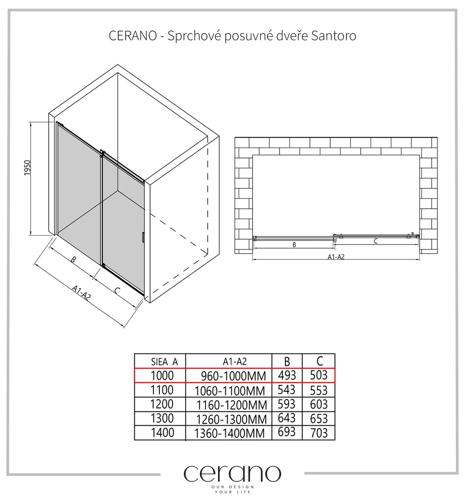 Cerano Santoro, sprchové posuvné dveře 100x195 cm, 6mm šedé sklo, černý profil, CER-CER-424945