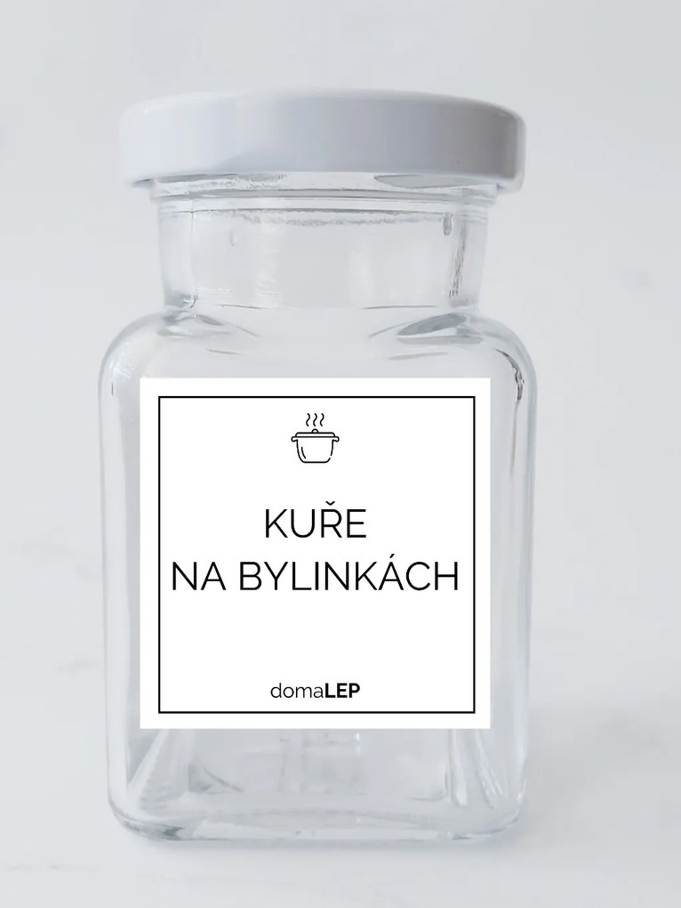 Samolepka na kořenky KUŘE NA BYLINKÁCH bílá 5 × 5 cm základní písmo