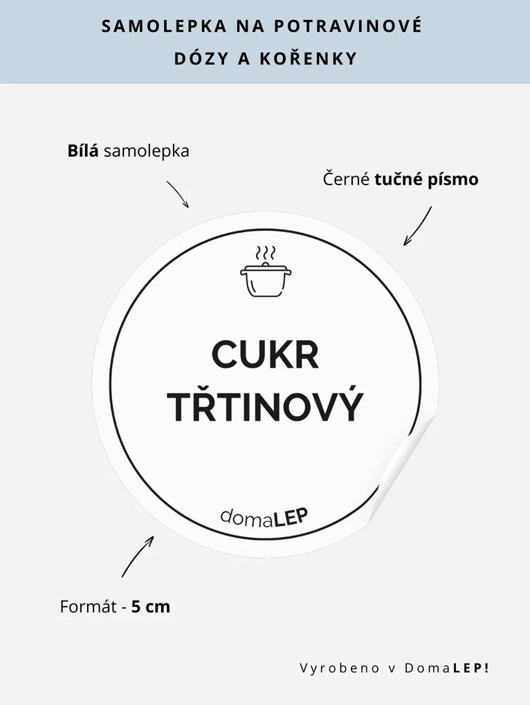 Samolepka na dózu CUKR TŘTINOVÝ – bílá, 5 cm, tučné písmo