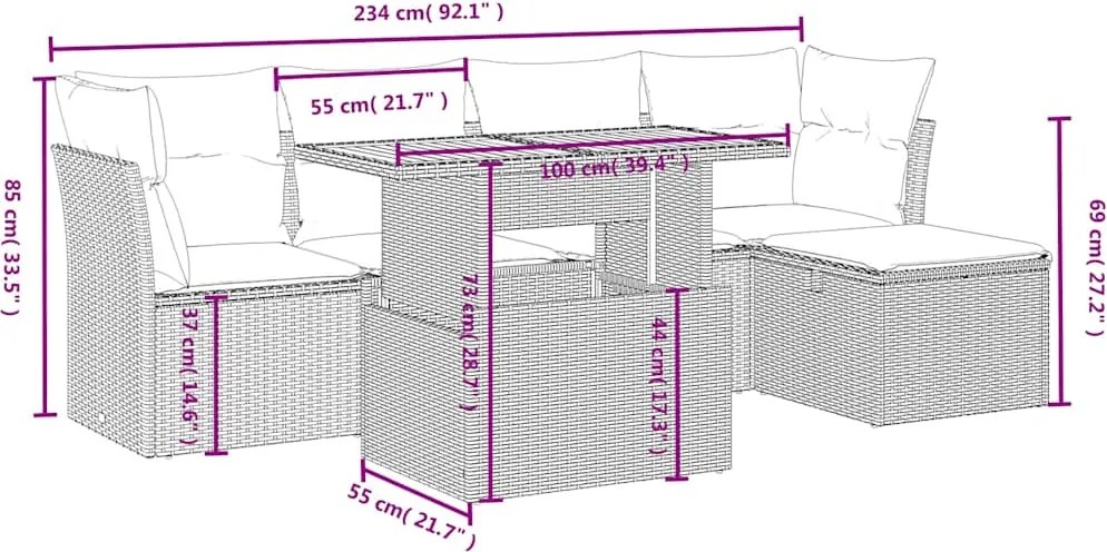 6dílná zahradní sedací souprava s poduškami černá polyratan 3275463