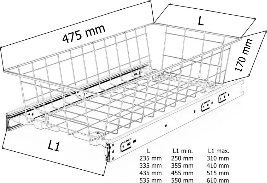 In-Design Šatní koš na oblečení s plným výsuvem výška 170 mm bílá Šířka koše (mm): 535 mm, Minimální nastavitelná šířka: 550 mm, Maximální nastavitelná šířka: 610 mm