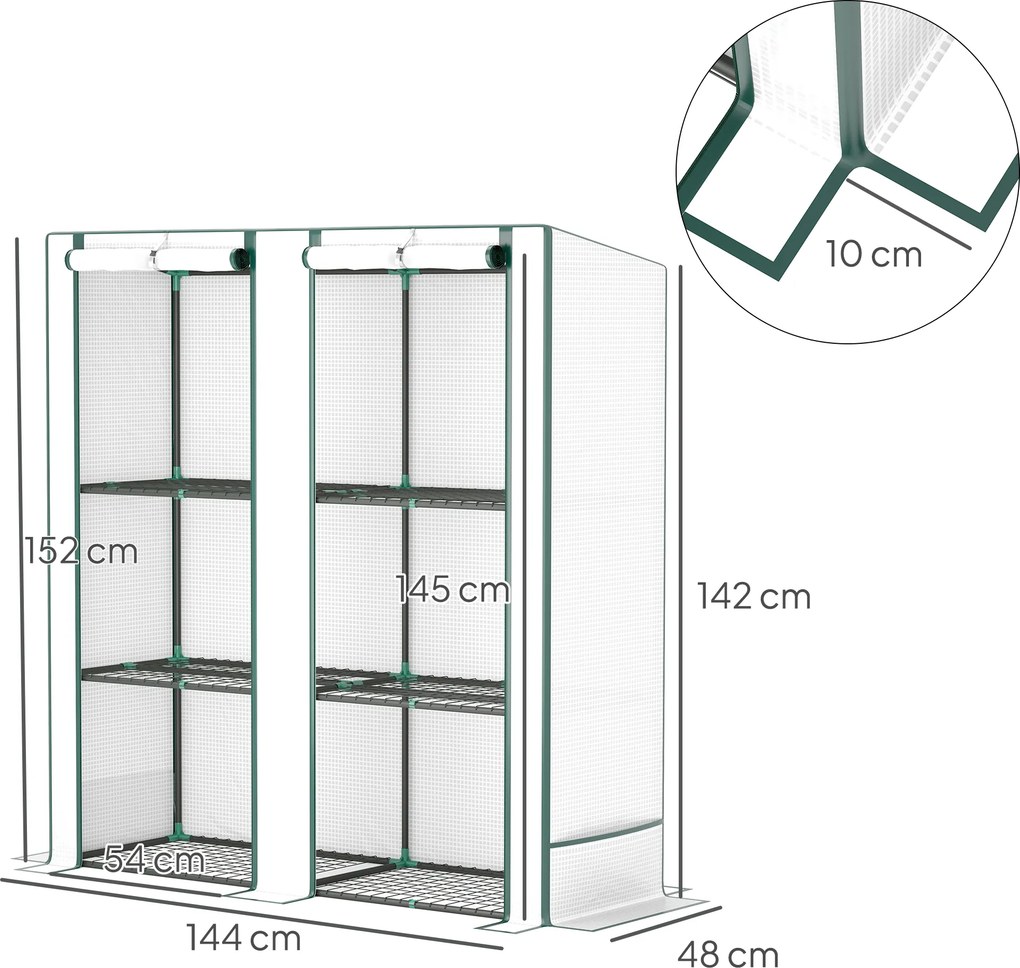 Skleník Outsunny se sedlovou střechou, dvojitými dveřmi a policemi, zimní fóliový skleník z oceli, skleník pro balkon a zahradu, skleník na rajčata 1…