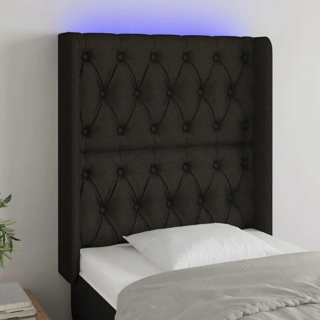 Čelo Postele S Led Tmavě Hnědé Textil Černá 83 x 16 x 118/128 cm