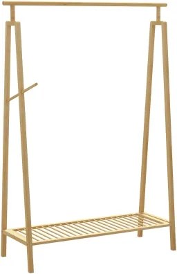 HOMCOM Bambusový věšák na oblečení, dřevěný stojan na kabáty s policí na boty, rozměry 110D x 42Š x 152V cm