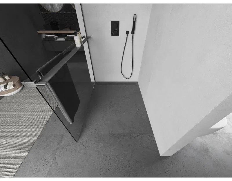 Mexen Kioto+ L, sprchová zástěna Walk-In s poličkou a věšákem 55 x 200 cm, 8mm čiré sklo, grafitový profil, 800-055-123-66-00