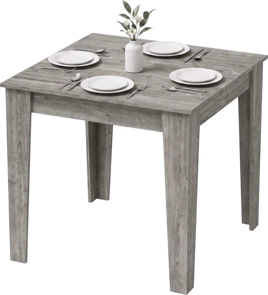 HOMCOM jídelní stůl pro 4 osoby, čtvercový kuchyňský stůl 80x80x75 cm s protiskluzovými nožičky, šedý dřevěný efekt