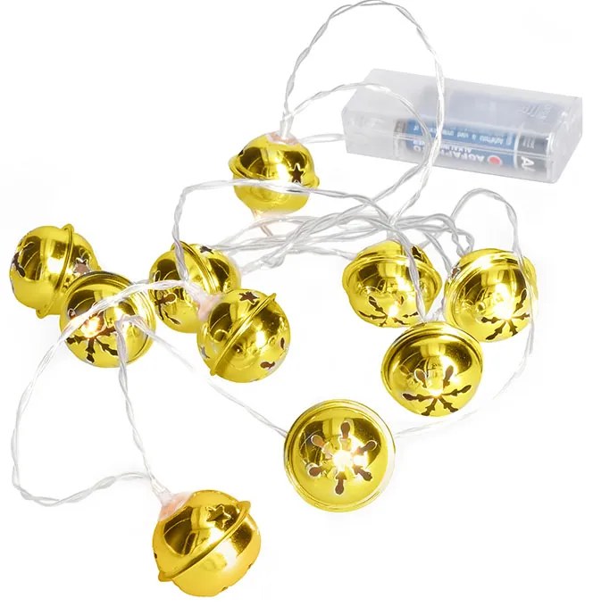 SOLIGHT LED vánoční řetěz rolničky, 10x LED, zlatá, 1,5m, 2x AA