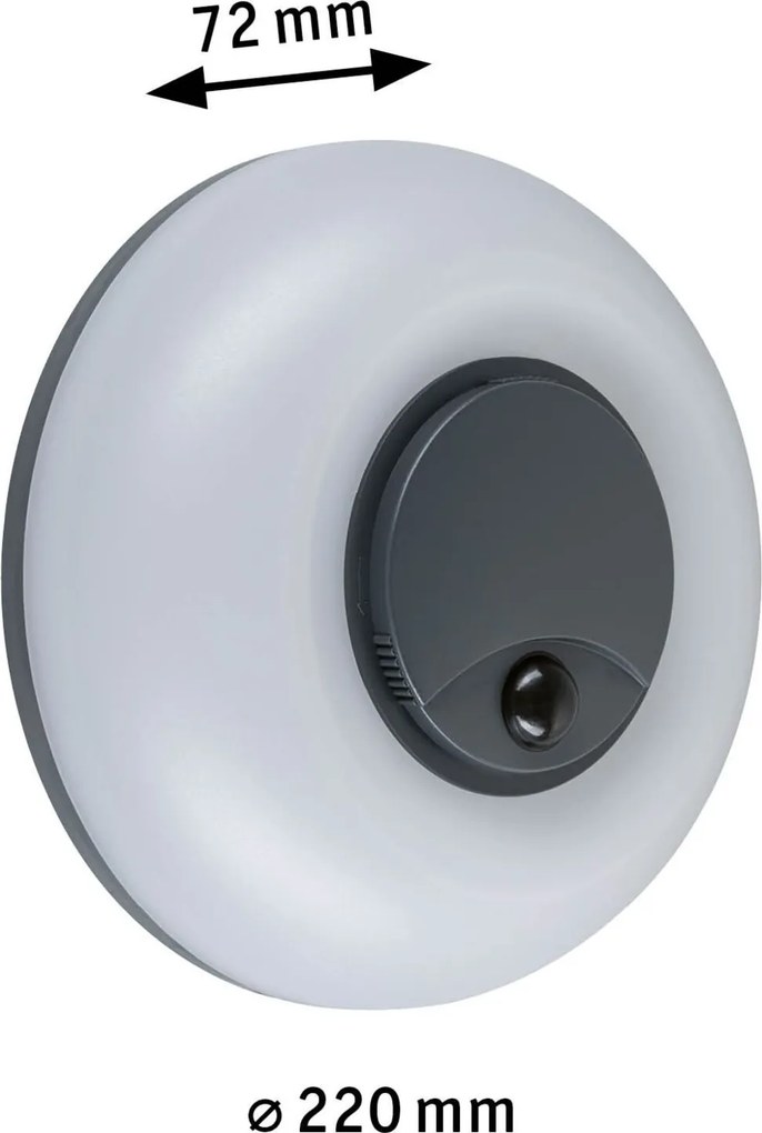 P 94956 LED venkovní nástěnné svítidlo Aureva pohybové čidlo IP65 kruhové 220mm 2200 - 4000K 20,5W 230V antracit/bílá polykarbonát - PAULMANN