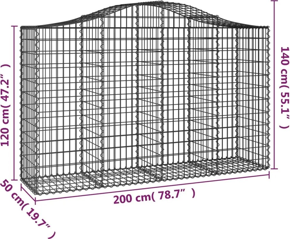 vidaXL Klenuté gabionové koše 6 ks 200x50x120/140cm pozinkované železo [3145665]