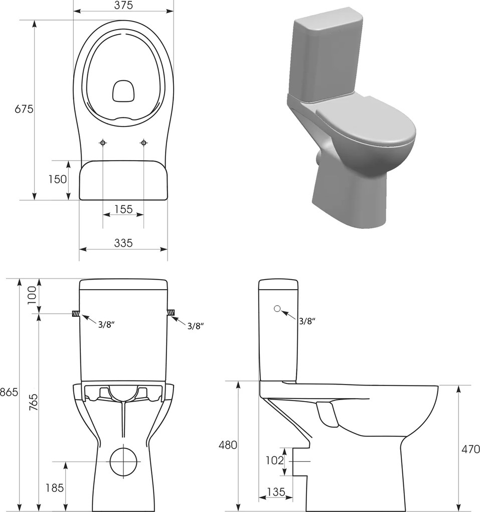CERSANIT Sapho, ETIUDA WC kombi mísa zvýšená Rimless, zadní odpad, K11-0221