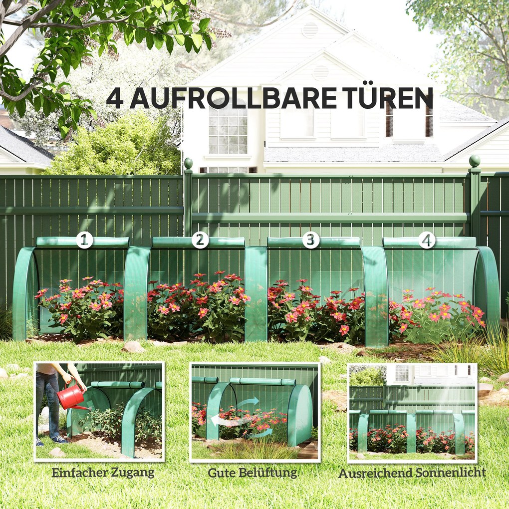 Mini skleník Outsunny - mini tunelový skleník pro pěstování rajčat 4 x 1 x 0,8 m, ocel, vysokohustotní PE 140 g/m², proti UV, 4 dveře s rolovacím zip…