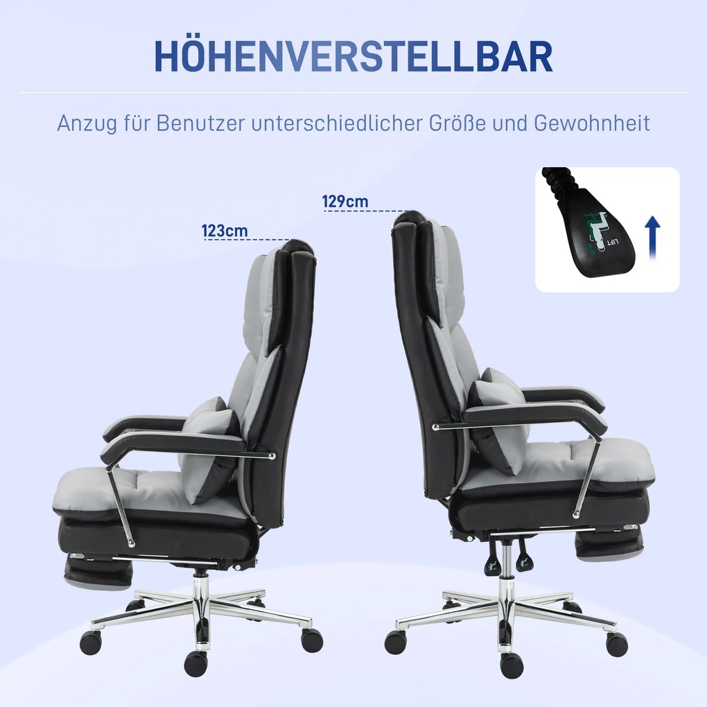 Kancelářská židle HOMCOM s houpací funkcí, nosnost 180 kg, ergonomická, 160° sklopný opěrák, koženka, 63Š x 71D x 123-129V cm, světle šedá