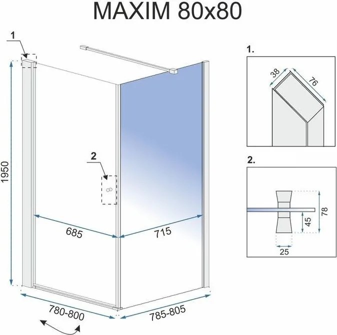 Rea Maxim, čtvercový sprchový kout s 1-křídlými dveřmi 90 (dveře) x 90 (stěna) cm, pravá verze, 6mm čiré sklo, chromový profil, REA-K0267