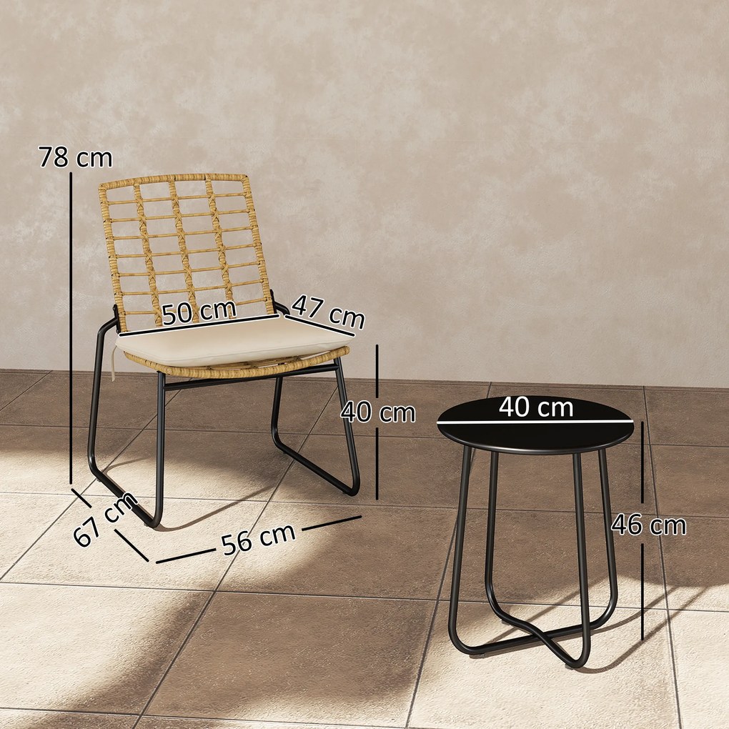 Outsunny 3dílná sada zahradního nábytku, 2 ratanové židle, 1 stůl s kovovou deskou, polštáře na sezení, bistro set, béžová a hnědá barva
