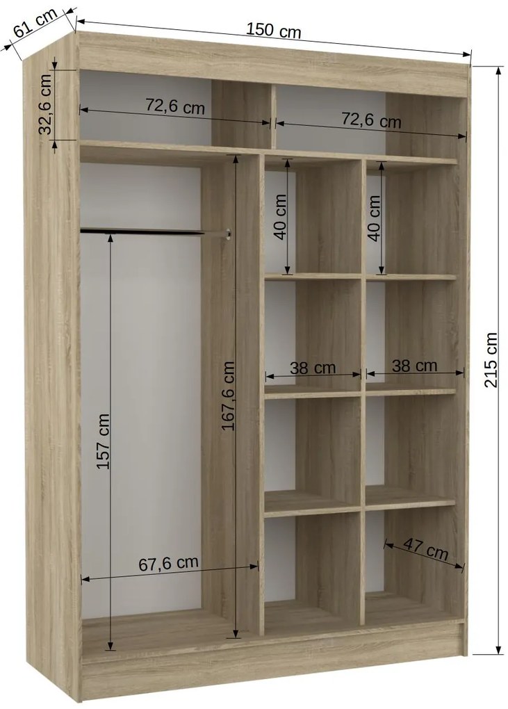 Posuvná skříň se zrcadlem a lacobel TOURA Šířka: 150, Hlavní barva: Craft, Další barva: Čoko Lacobel