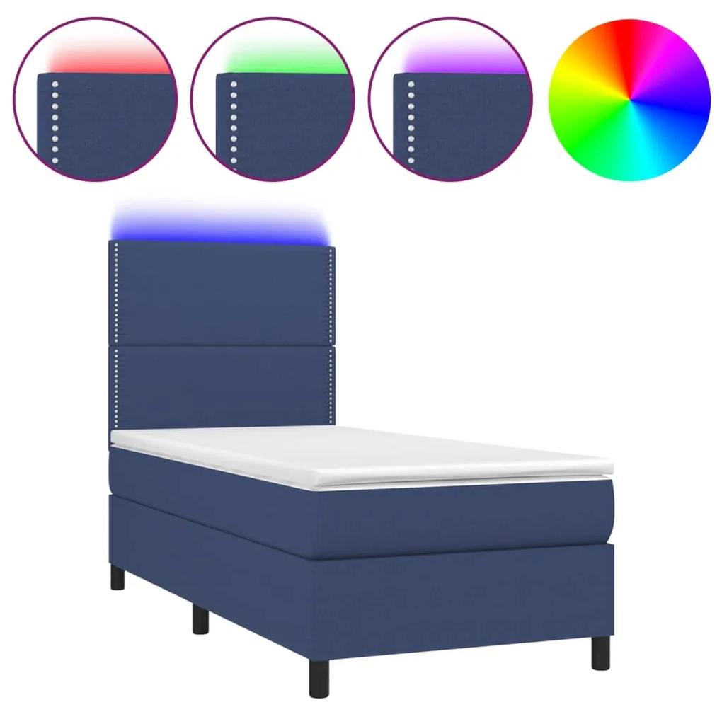 vidaXL Box spring postel s matrací a LED modrá 100x200 cm textil