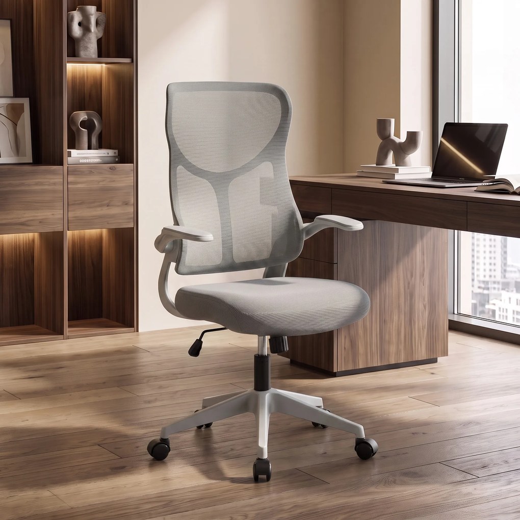 HOMCOM Ergonomická kancelářská židle z mesh, otočná židle s vysokým opěradlem a sklápěcími područkami, s houpací funkcí, šedá