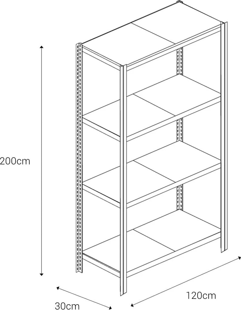 Bezšroubové kovové regál 200x120x30cm T profil, 4 police