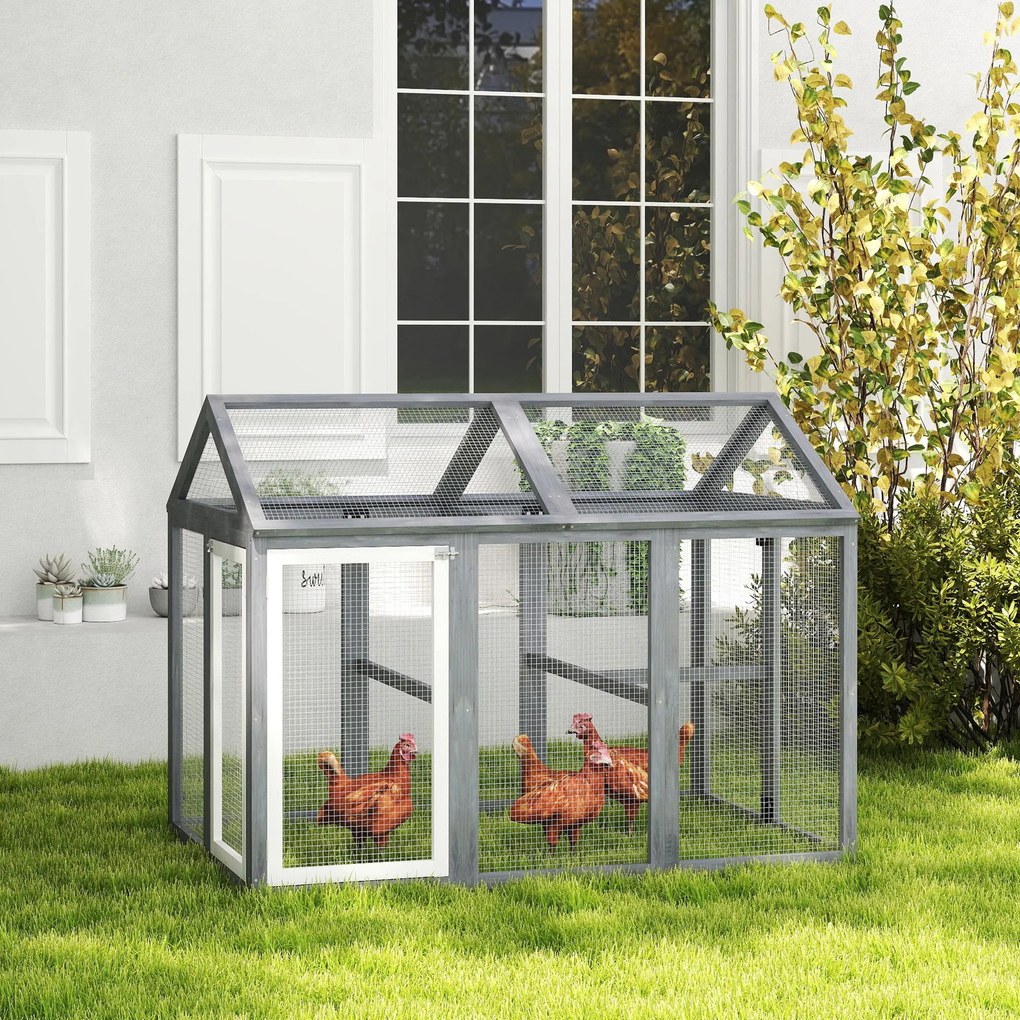 PawHut venkovní výběh pro slepice, 1,18 m² (140 x 88,5 x 106 cm), zamykatelné dveře, masivní smrkový rám, pletivo, pro 1–3 slepice, šedý