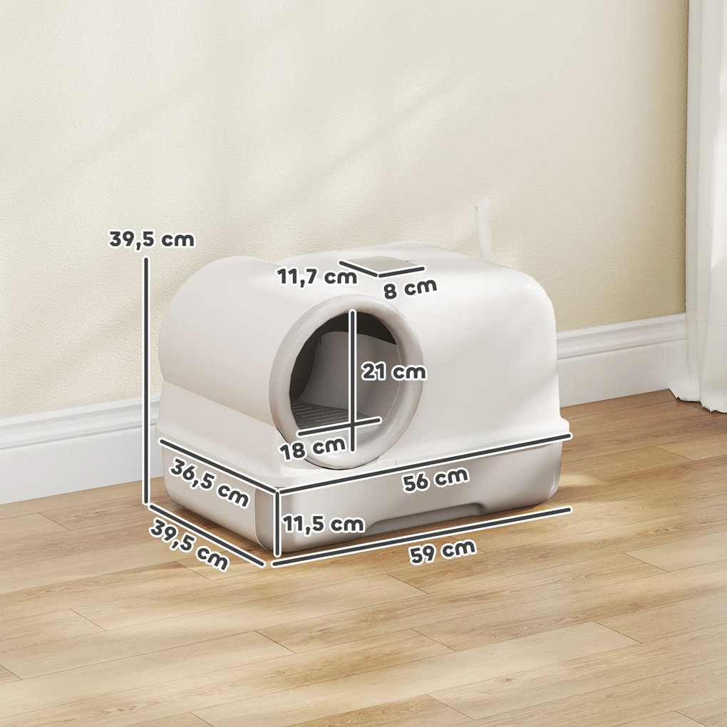 Kočkolit s víkem Výsuvná vanička s lopatkou 2 filtry s aktivním uhlím pro kočky do 5 kg 59x39,5x39,5cm Bílá+šedá