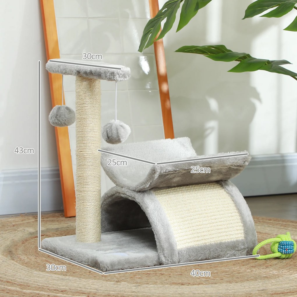 PawHut kočičí strom malý, 43H cm, do 10 kg, s lehací plochou, tunelem, míčkem na hraní, sisal, světle šedý