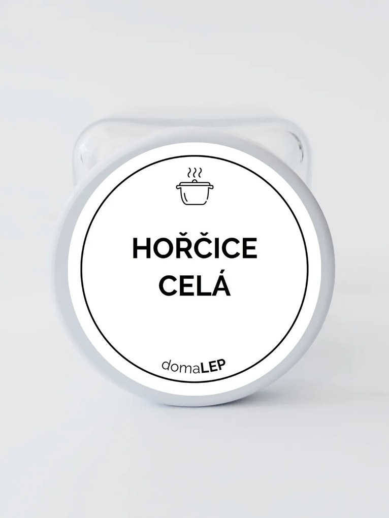 Samolepka na kořenky HOŘČICE CELÁ bílá 5 cm tučné písmo