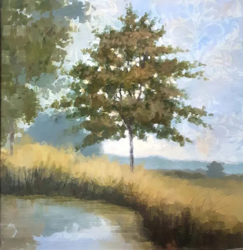 ART-STYLE Obrázek 50x50, stromy u řeky II., rám bílý s patinou