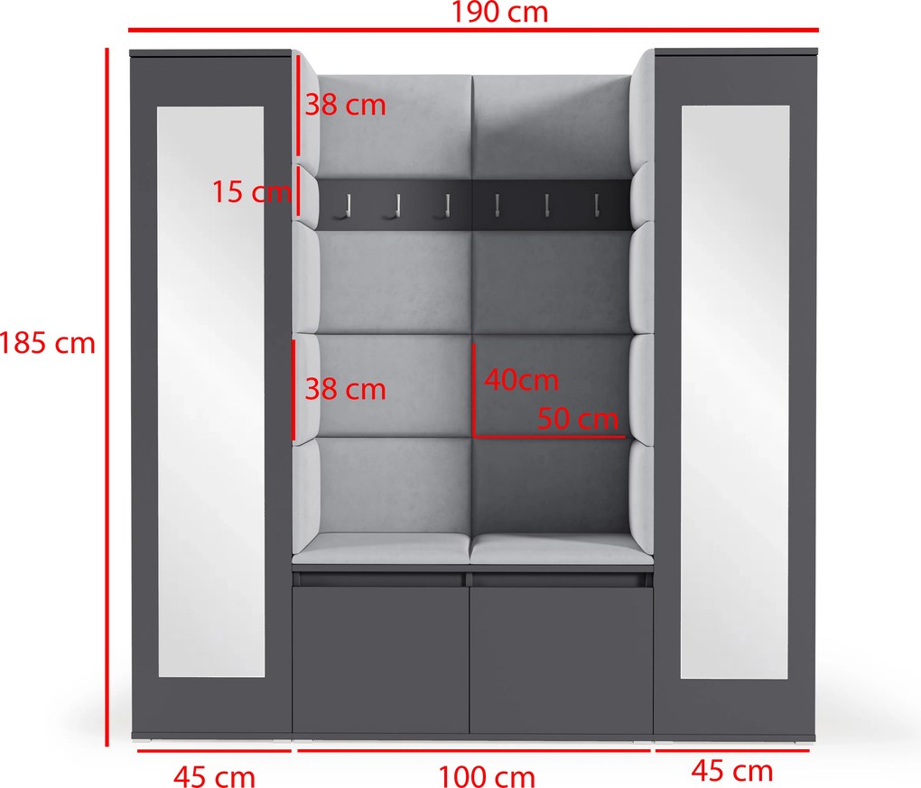 Eka Předsíňová stěna s čalouněnými panely Trinity 31 - Bílá / Tmavá šedá 2315