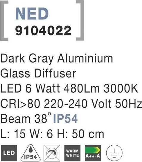 NV 9104022 Venkovní sloupkové svítidlo NED tmavě šedý hliník skleněný difuzor LED 6W 3000K 220-240V 38st. IP54 - NOVA LUCE