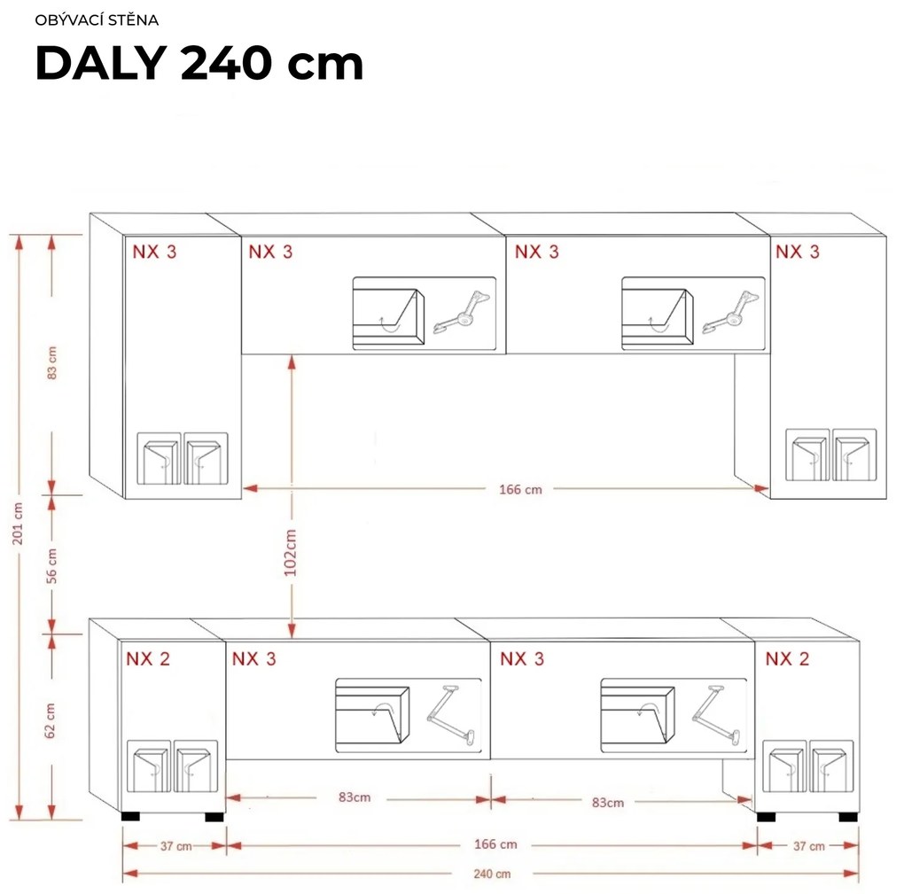 Ral Obývací stěna DALY 2, 240 cm - Bílý lesk