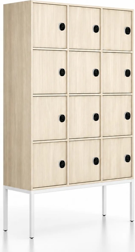 Kancelářská skříň FRAME, bílá podnož, 12x dveře, 1299 x 450 x 2185 mm, kódový zámek, dub přírodní