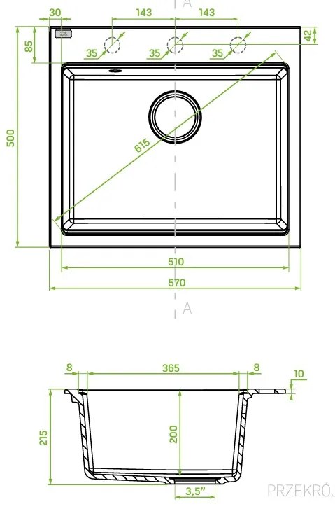 Laveo Tau, 1-komorový granitový dřez 570x500x215 mm, černá, LAV-SBT_710B